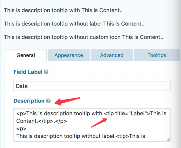 Add tooltips to Form Field Descriptions and HTML fields