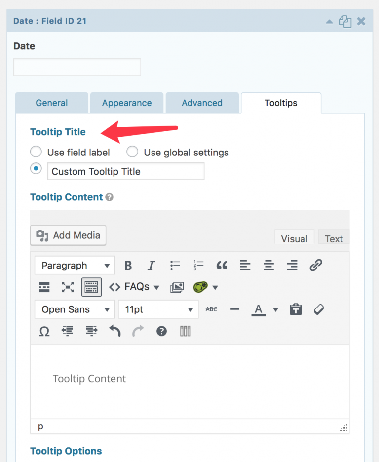 Display a field label as tooltip title or as custom label
