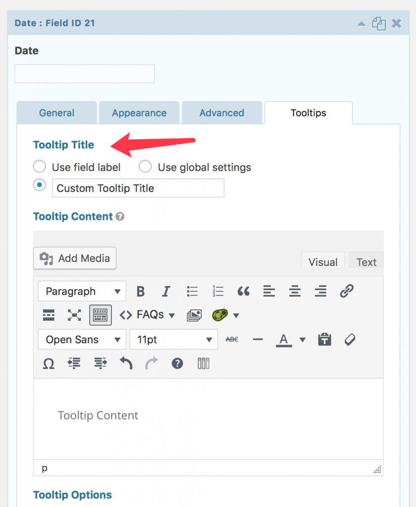 Display a field label as tooltip title or as custom label